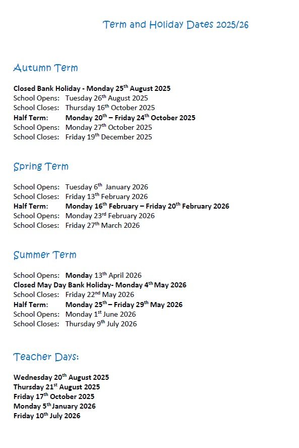 Term Dates 2025 /2026 | Ellistown Community Primary School
